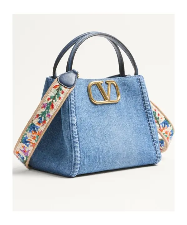 Valentino Garavani Alltime Logo Plaque Medium Denim Tote Bag