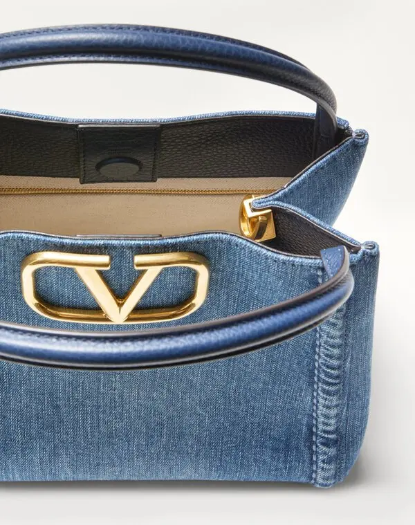Valentino Garavani Alltime Logo Plaque Medium Denim Tote Bag