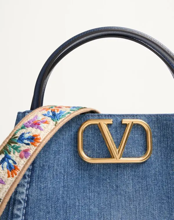Valentino Garavani Alltime Logo Plaque Medium Denim Tote Bag
