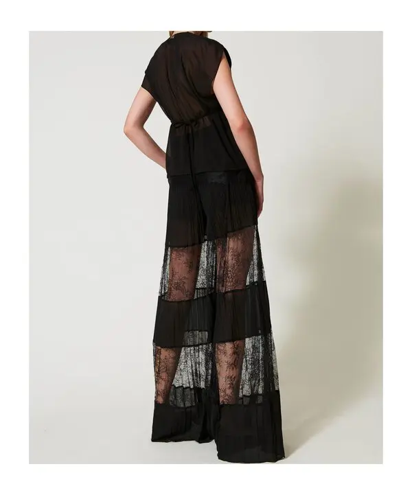 TWINSET Lace Pleated Georgette Wide-leg Trousers