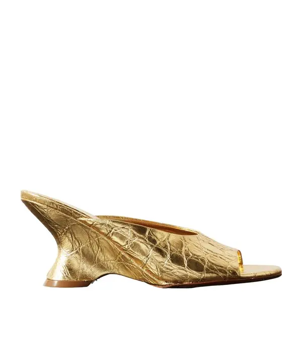 Dries Van Noten Metallic Crocodile-effect Leather Wedge Mules - Golden
