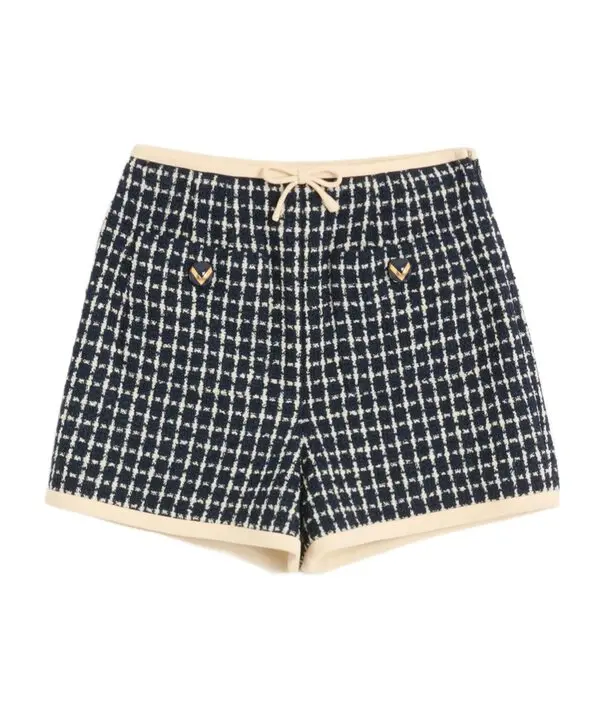 Valentino Garavani Bow Detailed Checked Shorts - Navy Blue/ivory