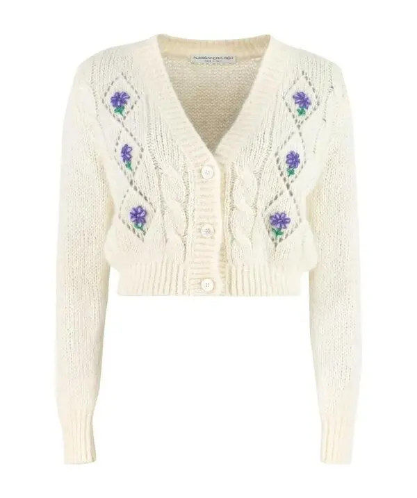 Alessandra Rich Floral Embroidered Wool Cardigan