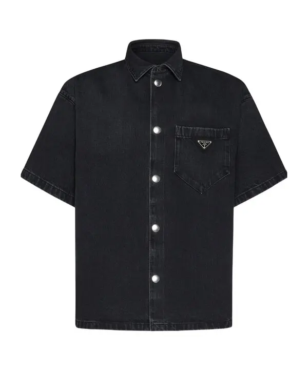 Prada Logo Plaque Short Sleeved Denim Shirt - Black