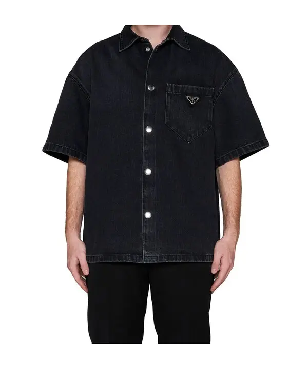 Prada Logo Plaque Short Sleeved Denim Shirt - Black