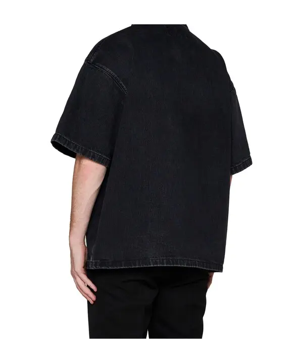 Prada Logo Plaque Short Sleeved Denim Shirt - Black