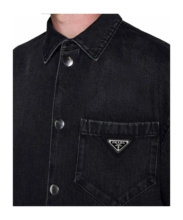 Prada Logo Plaque Short Sleeved Denim Shirt - Black