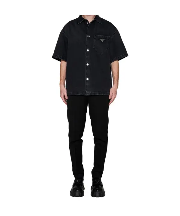Prada Logo Plaque Short Sleeved Denim Shirt - Black