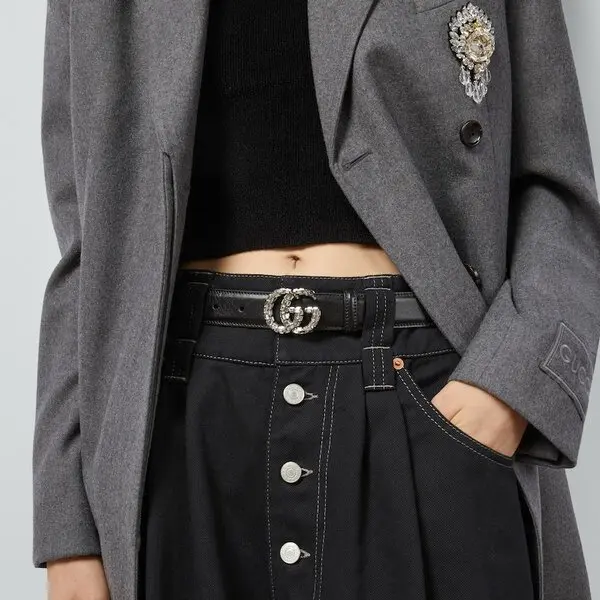 Gucci Gg Marmont Embellished Thin Belt - Black