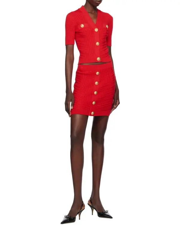 Balmain Ribbed Knit Buttoned Short Skirt - Red