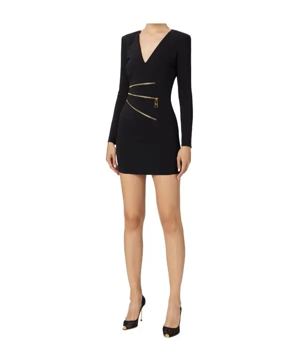 Elisabetta Franchi Long Sleeve V-neck Mini Dress With Gold Logo Zipper - Black