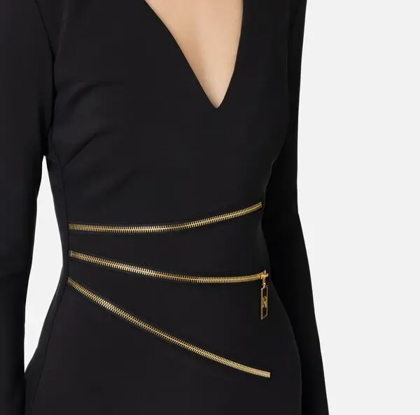 Elisabetta Franchi Long Sleeve V-neck Mini Dress With Gold Logo Zipper