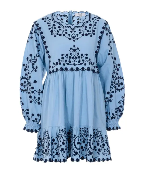 Sea Embroidered Long-sleeve Mini Dress - No
