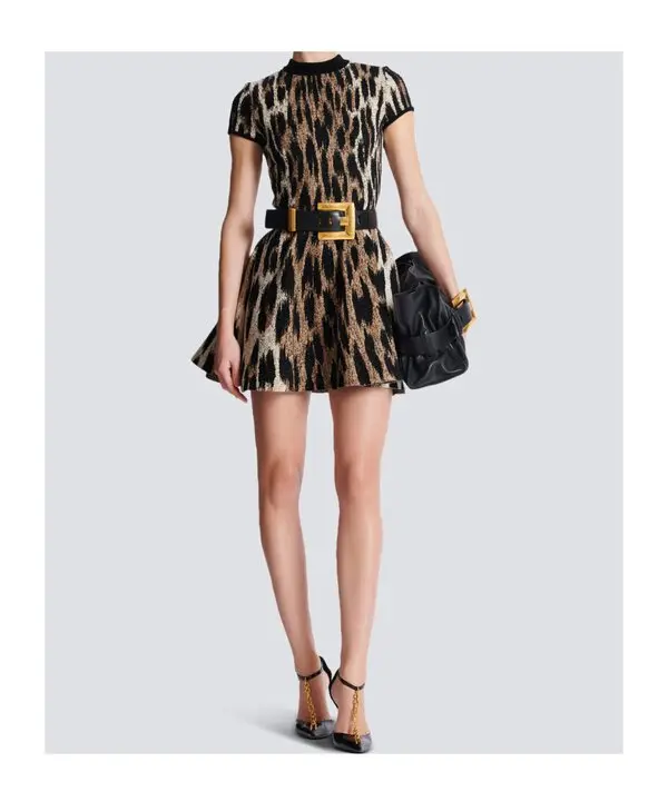 Balmain A-line Leopard Print Jacquard Mini Dress