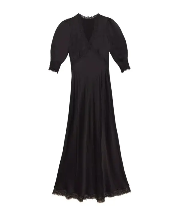 Rixo Annina V-neck Midi Dress With Lace Trim - Black