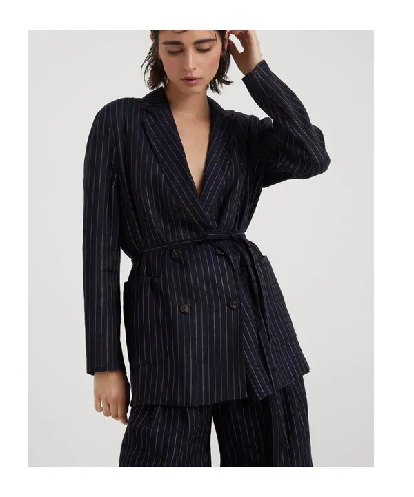 Brunello Cucinelli Striped Double Breasted Belted Blazer
