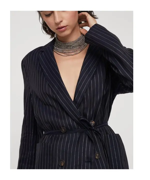 Brunello Cucinelli Striped Double Breasted Belted Blazer