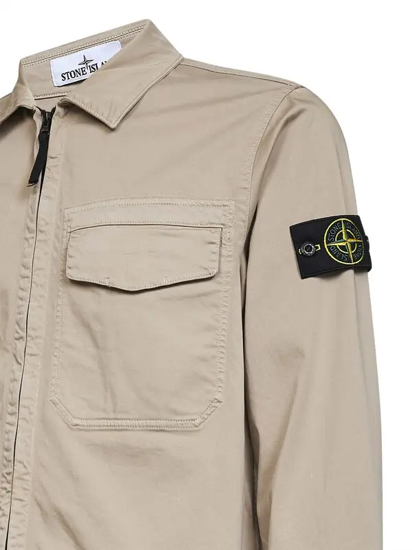 Stone Island Logo Patch Zip-up Shirt - Nude
