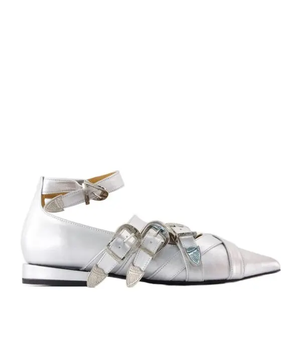 Toga Pointed Toe Ballet Flats With Buckles - Silver