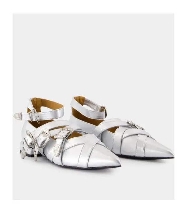 Toga Pointed Toe Ballet Flats With Buckles - Silver