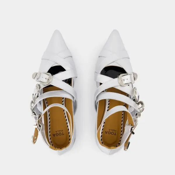 Toga Pointed Toe Ballet Flats With Buckles - Silver