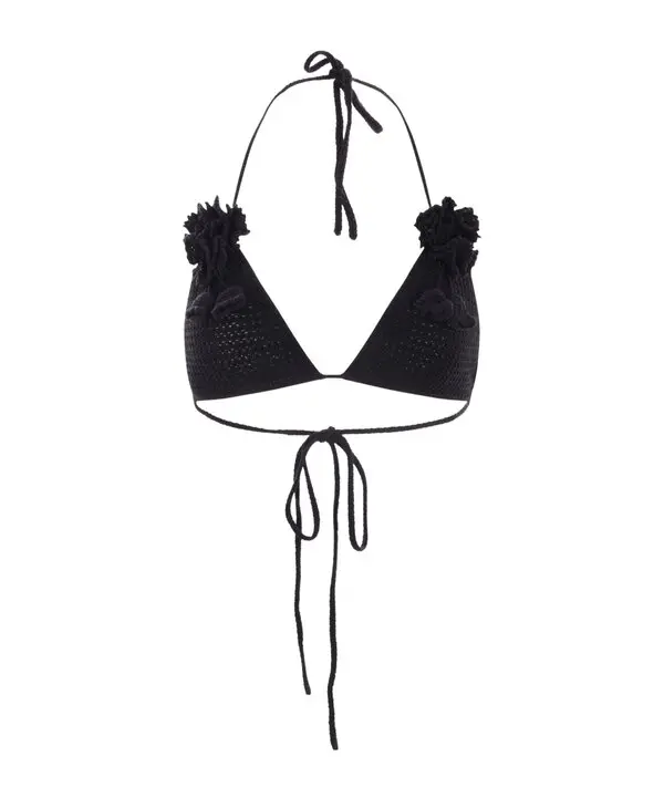 SELF-PORTRAIT Crochet Knit Triangle Bikini Bottoms With Flower Embellishments - Black