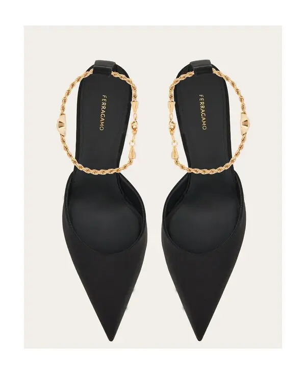 FERRAGAMO Dana Slingback Pumps With Gold Chain Detail - Black