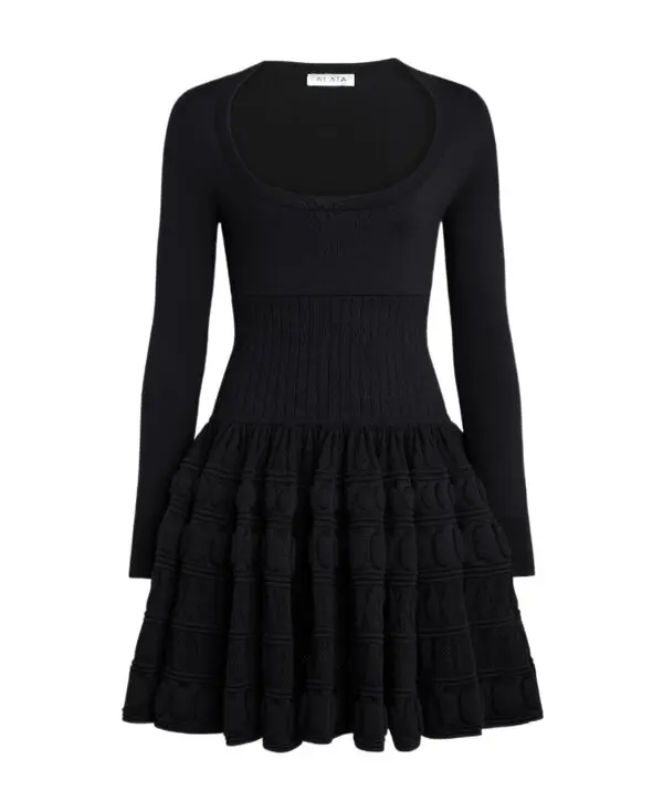Alaïa Long-sleeved Wool Dress With Round Neck And Pleated Skirt