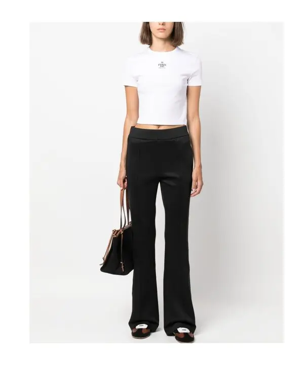 Fendi Logo Embroidered Crewneck Cropped T-shirt - White