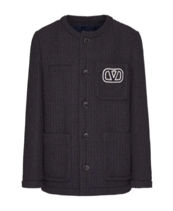 Valentino Garavani Vlogo Signature Buttoned Tweed Jacket - Navy Blue