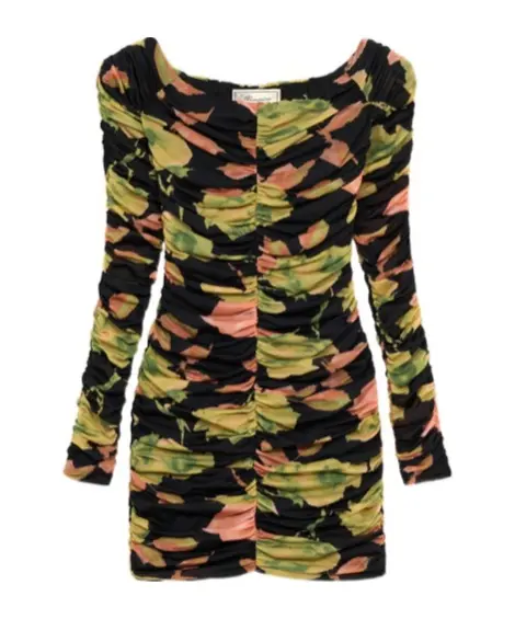 Blumarine Off-the-shoulder Ruched Floral Long Sleeve Dress