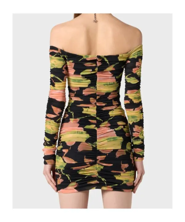 Blumarine Off-the-shoulder Ruched Floral Long Sleeve Dress