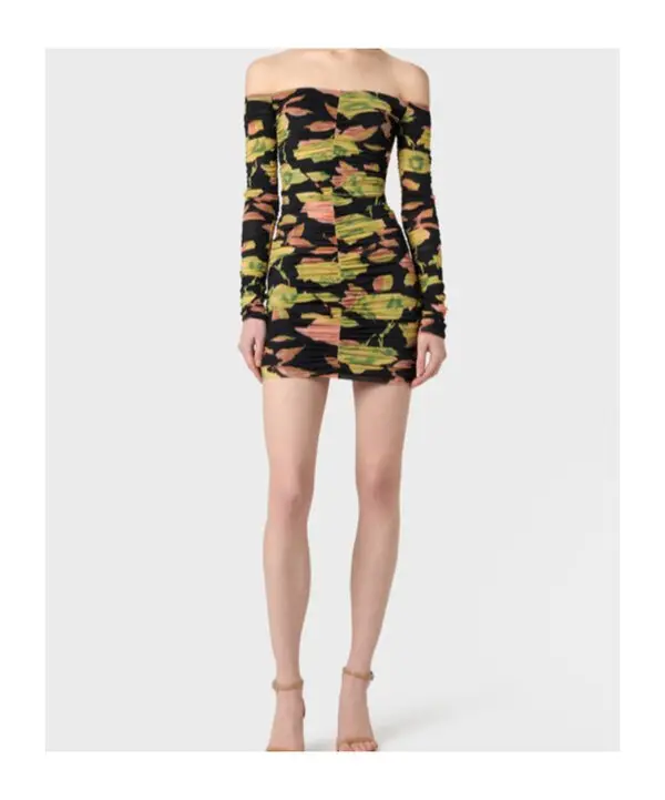 Blumarine Off-the-shoulder Ruched Floral Long Sleeve Dress