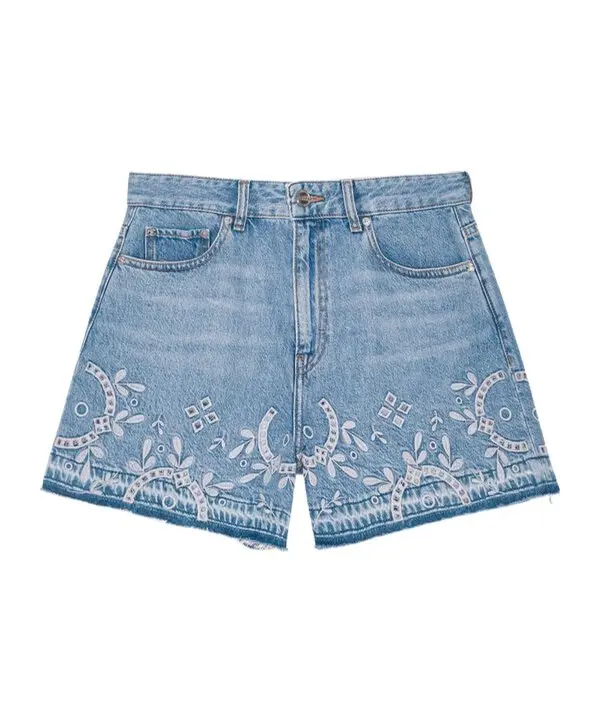 GANNI Broderie Anglaise Denim Shorts - Light Blue