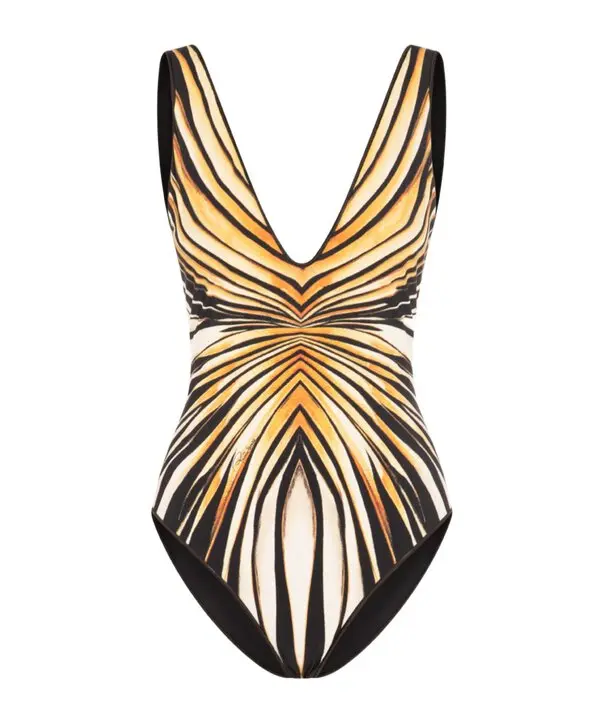 Roberto Cavalli Plunge Print Sleeveless One Piece Swimsuit - Nude