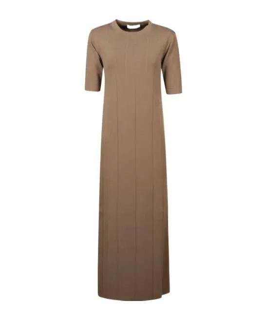 Max Mara Ribbed Crewneck Short Sleeve Maxi Dress - Beige