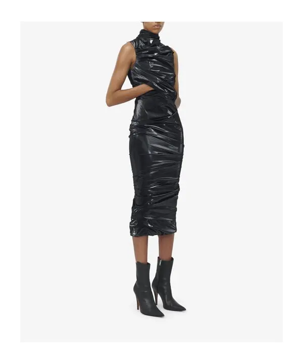 Alexander McQueen Laminated Gathered Sleeveless High Neck Dress