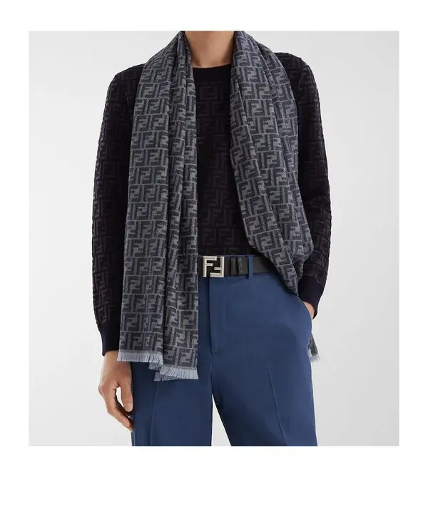 Fendi Ff Jacquard Frayed-edge Scarf - Blue