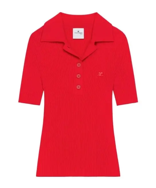 COURREGES Ribbed-knit Polo Shirt With Lapel Collar - Poppy