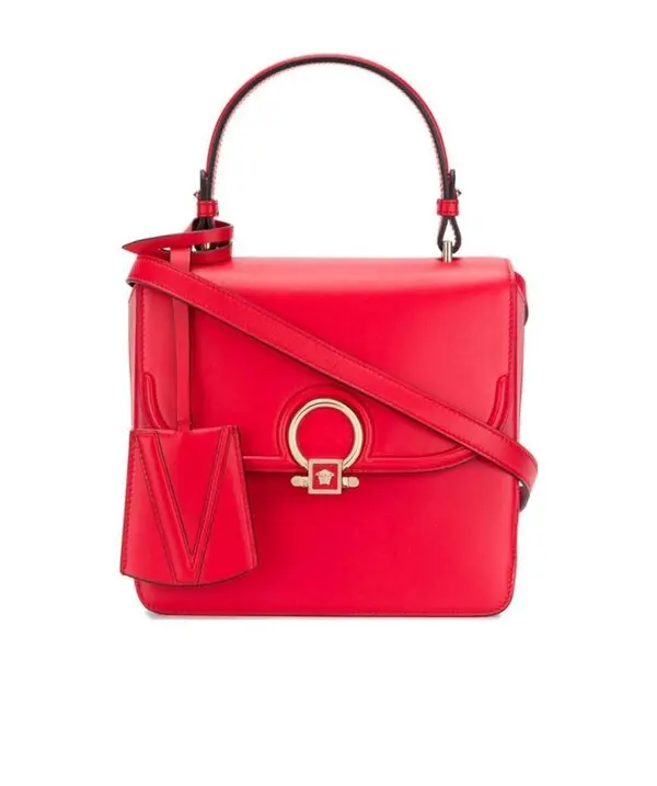 Versace Flip Handbag With Metal Ring Detail - Red