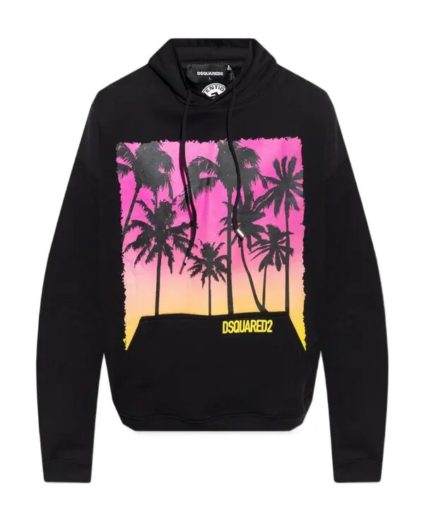 Dsquared2 Palm-tree Printed Drawstring Hoodie - Black