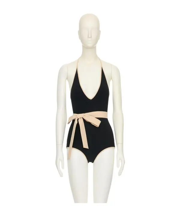 Valentino Garavani Halterneck One-piece Swimsuit With Cream Piping And Tie Waist - Black