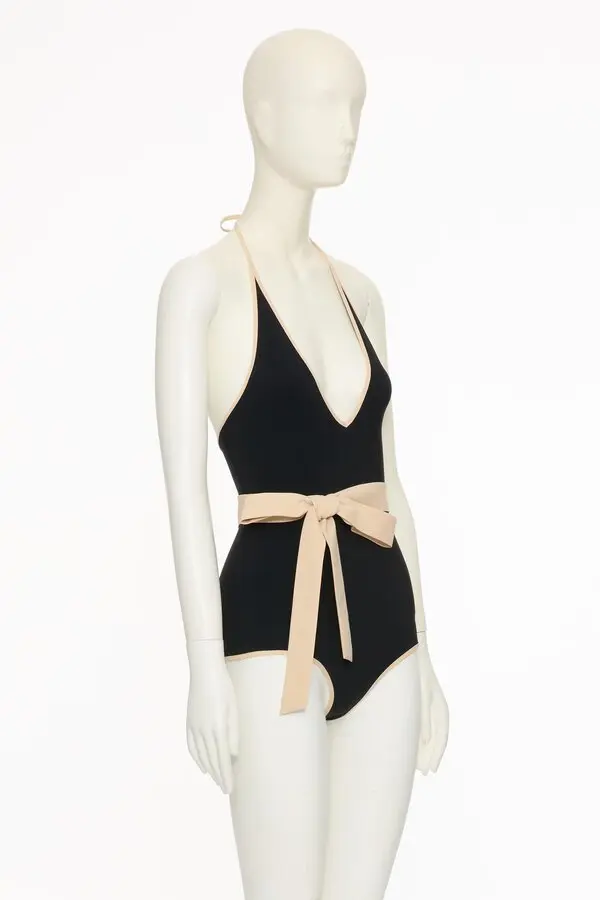 Valentino Garavani Halterneck One-piece Swimsuit With Cream Piping And Tie Waist - Black