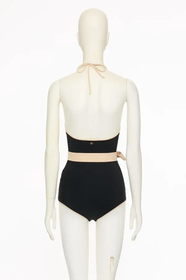 Valentino Garavani Halterneck One-piece Swimsuit With Cream Piping And Tie Waist - Black