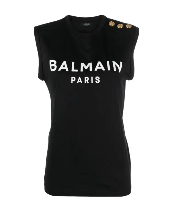 Balmain Logo Printed Sleeveless Round Neck Tank Top - Black