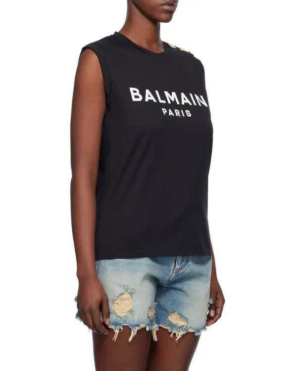 Balmain Logo Printed Sleeveless Round Neck Tank Top - Black