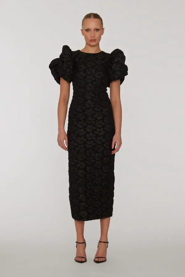 ROTATE BY BIRGER CHRISTENSEN Ruby Jacquard Crewneck Midi Dress With Puff Sleeves - Black