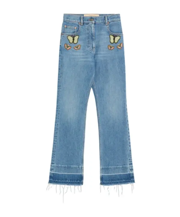 Valentino Garavani Embroidered Butterfly Denim Trousers - Medium Blue