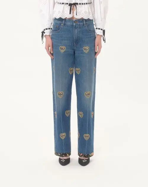 Valentino Garavani Heart Embellished Wide Leg Jeans