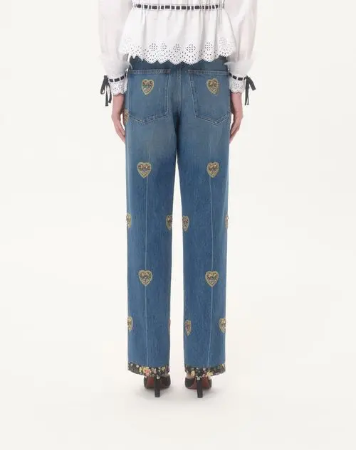 Valentino Garavani Heart Embellished Wide Leg Jeans
